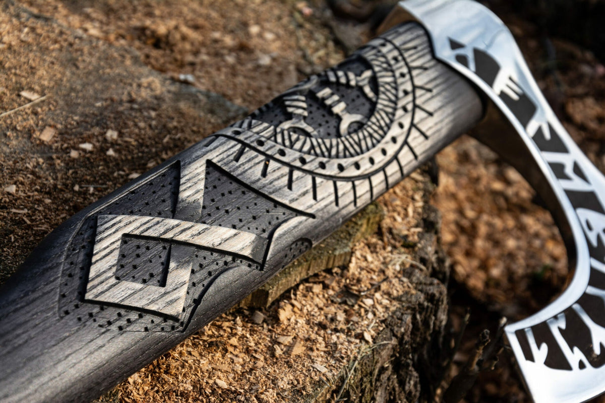 Viking Axe Hatchet- 27" Long Helm of Awe Carved Axe Forged Steel Axe w ...